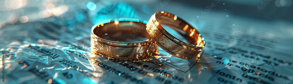 Wedding rings on legal paperwork, background of shattered glass ...