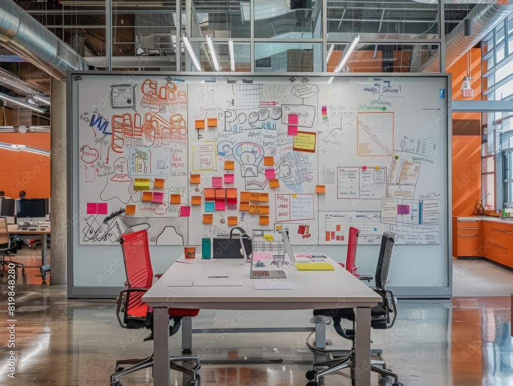 A creative workspace with a modern design, featuring a large whiteboard ...