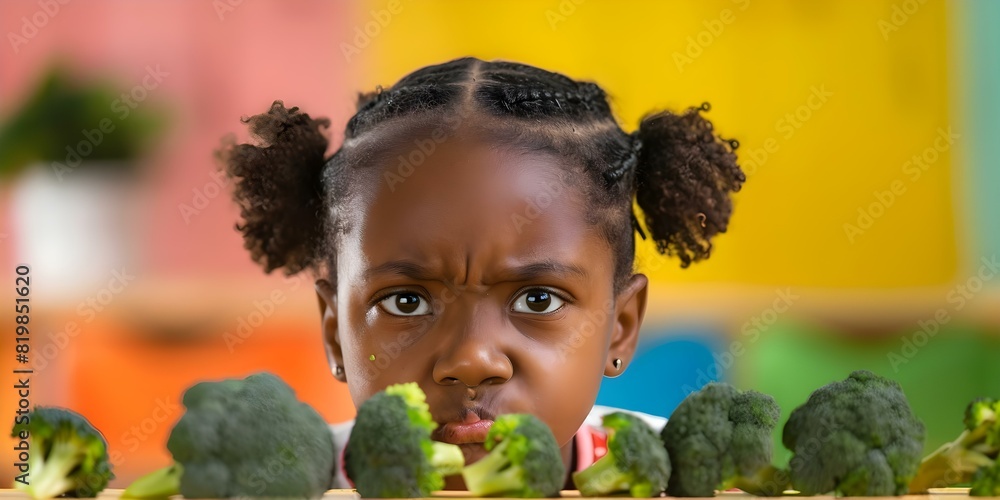Upset African Girl Rejecting Broccoli with a Disgusted Expression ...