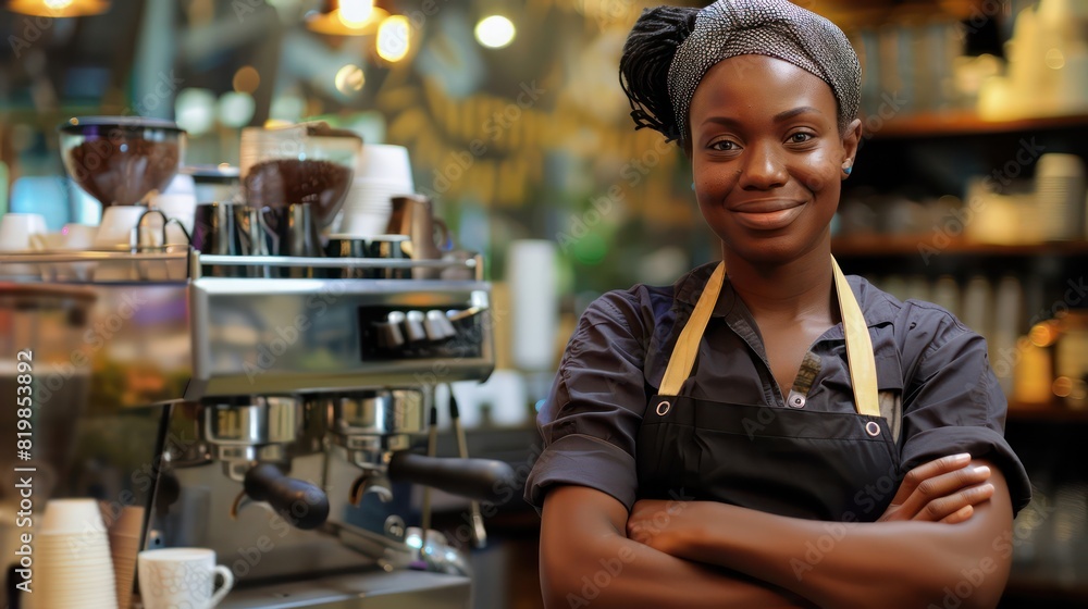 An energetic barista poses proudly at the espresso station, her crossed ...