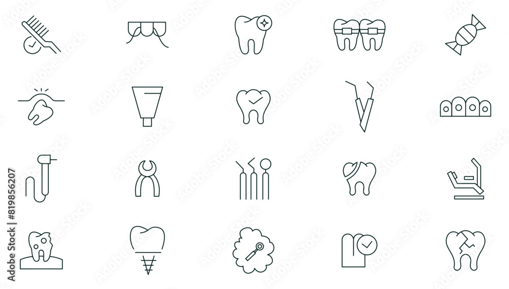 Dental care line icon set. Dentistry, medical, implant, braces, dentist ...