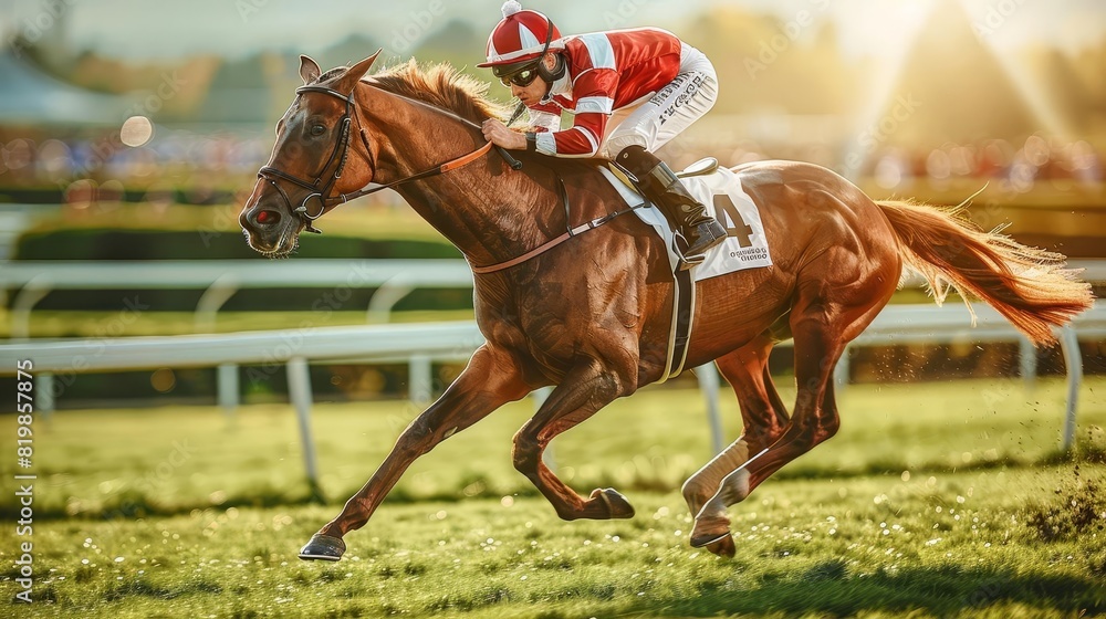 A powerful racehorse sprinting on a grassy racetrack, its muscles taut ...