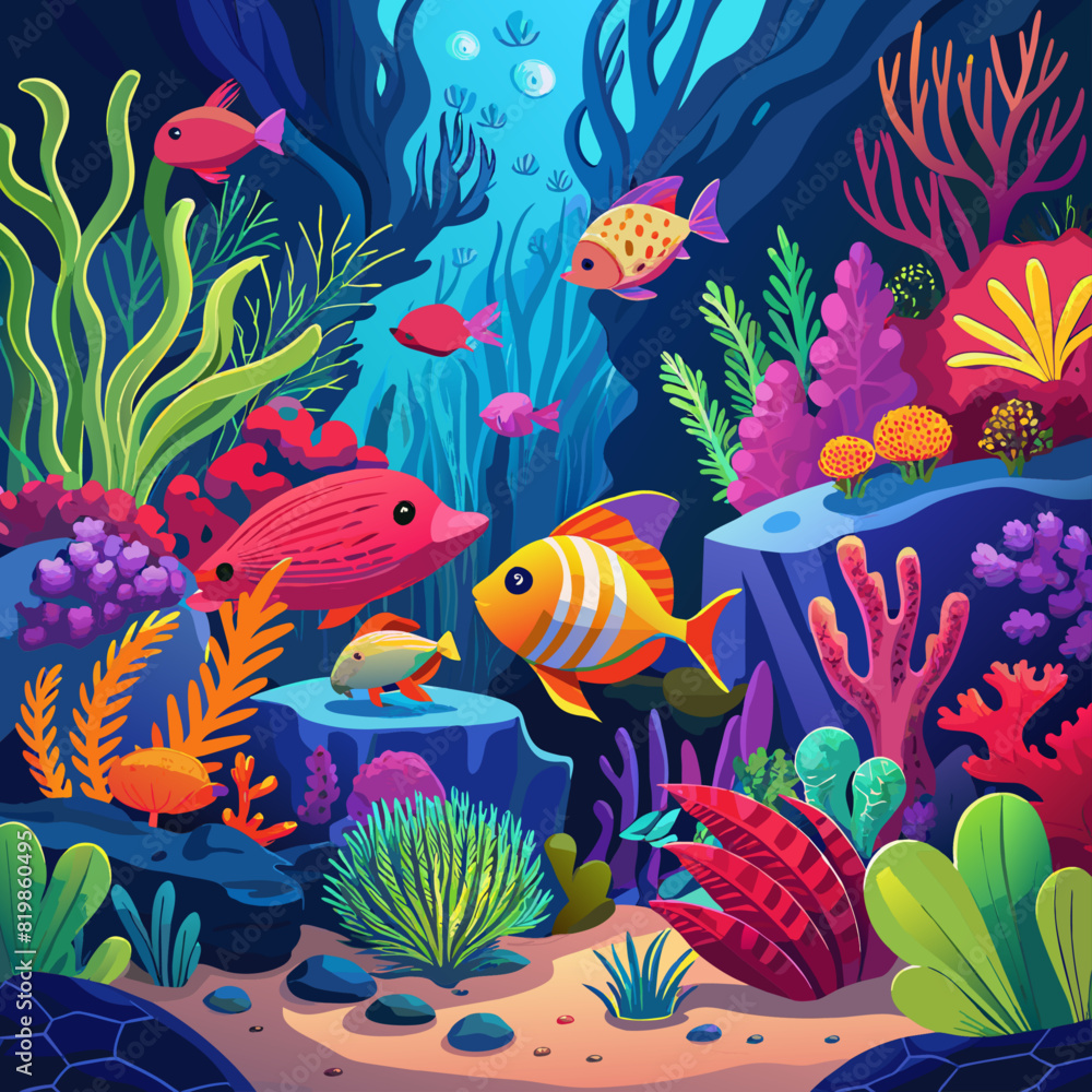 Vivid underwater ecosystems with coral and fish in fluorescent colors ...