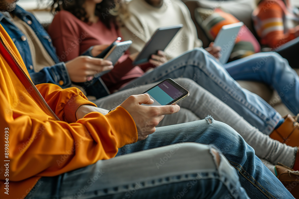 diverse people browsing options for subscription on their tablet Stock ...