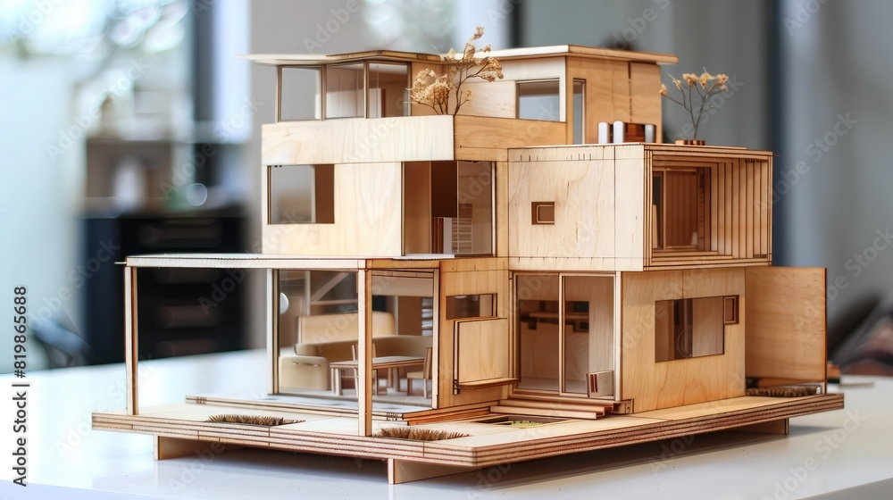 Designs and a home model for a construction project, Background in real ...
