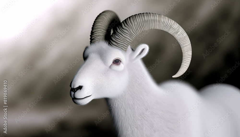 Dall sheep, featuring its striking, curved horns and white coat. The ...