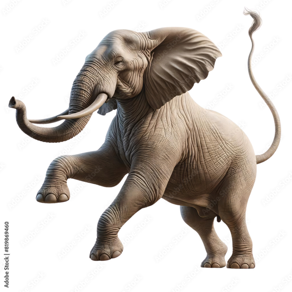 Full-bodied adult elephant in a dynamic pose on a transparent ...