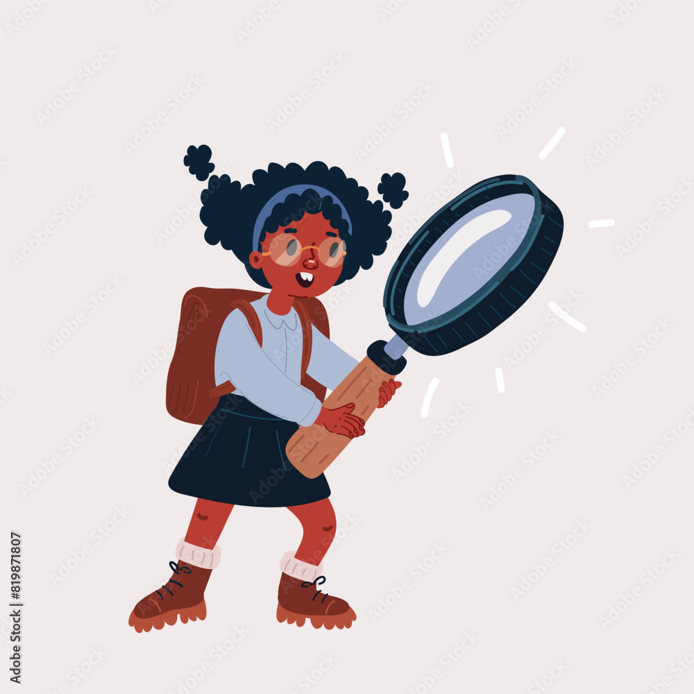 Cartoon vector illustration of school Girl, holding, magnifying glass ...