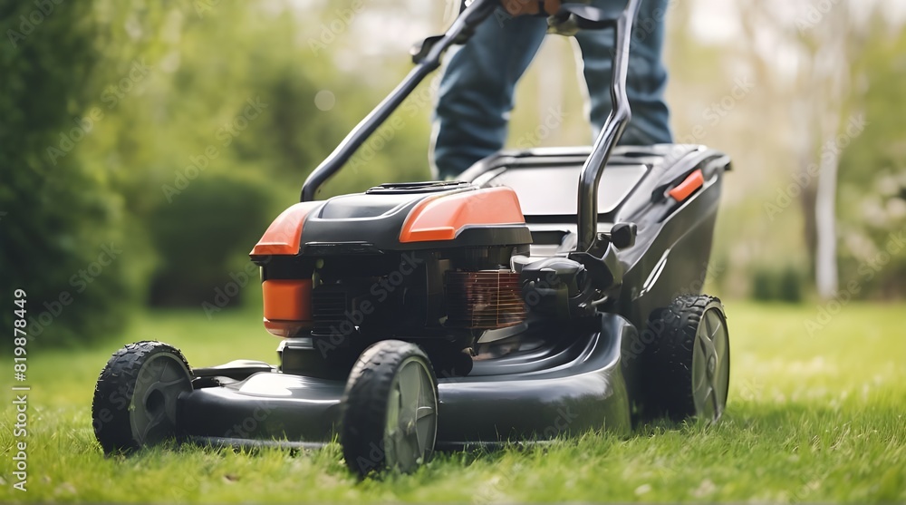 Woman mowing green lawn in backyard near wooden country house moving ...