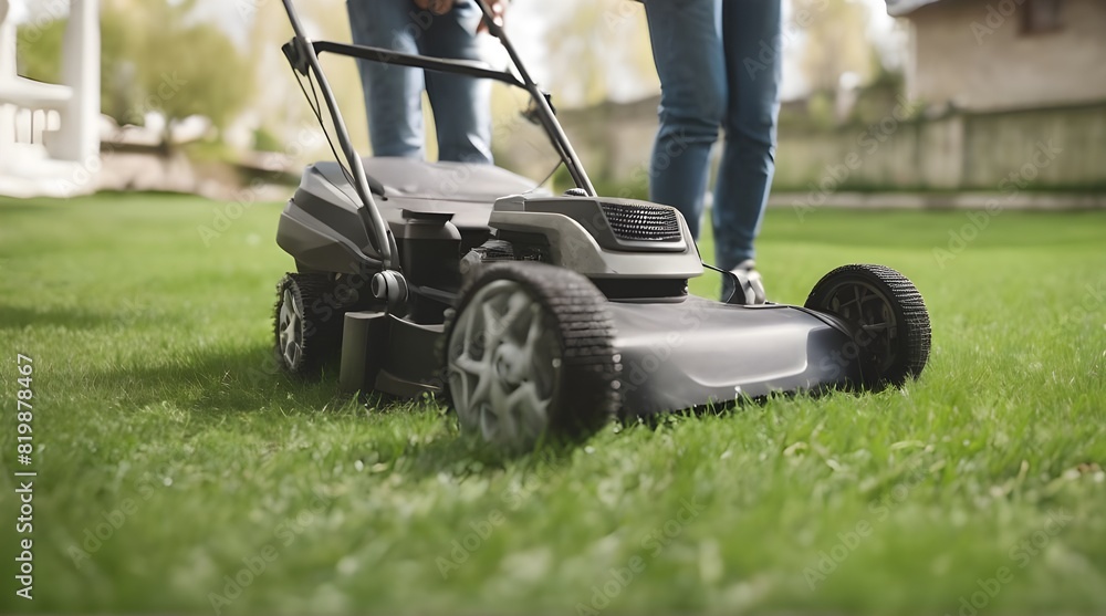 Woman mowing green lawn in backyard near wooden country house moving ...