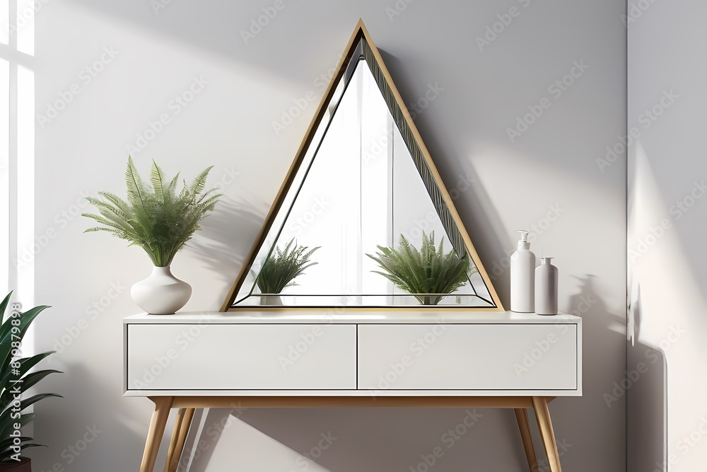 Desk and triangle shaped mirror, Interior of a room, Plants, Modern ...