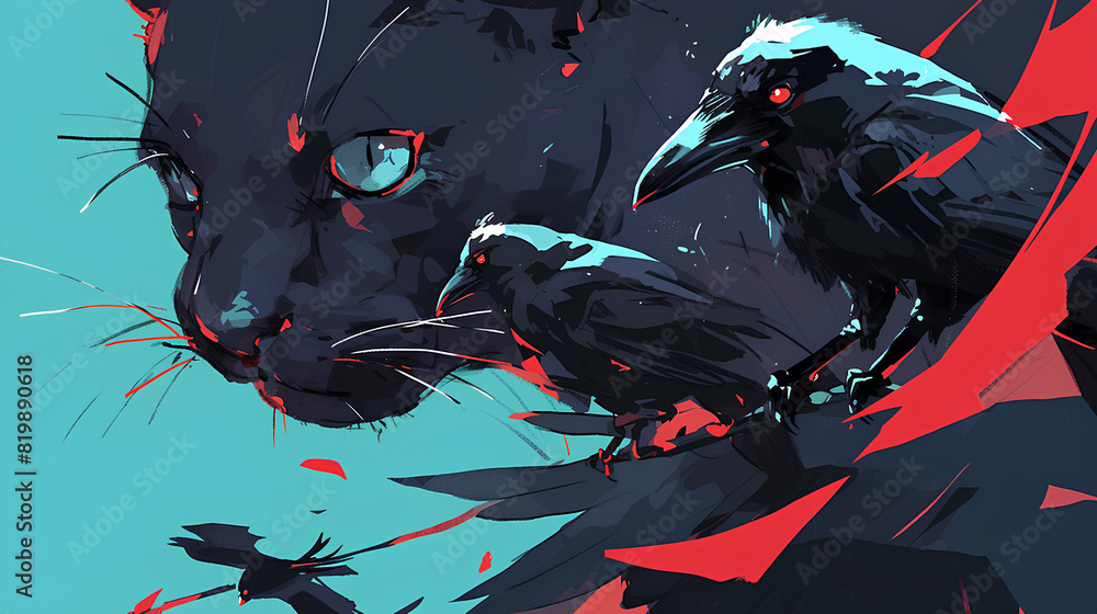 black cat, crow, and black jaguar with serious faces, anime style Stock ...