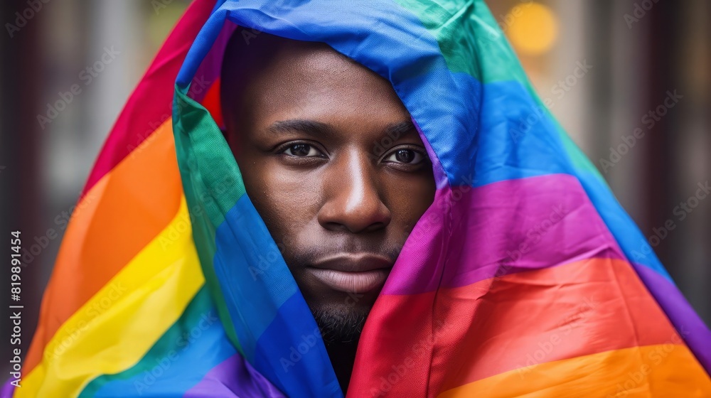 Individual wrapped in rainbow flag, public display of pride, selective ...