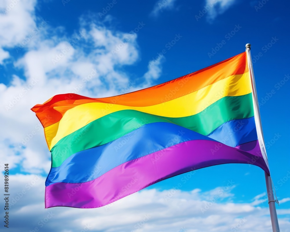 Rainbow pride flag in the wind, symbol of LGBTQ pride, close up, focus ...