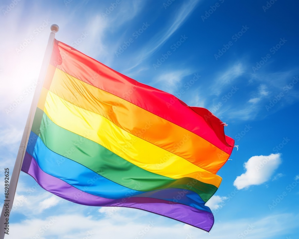 Rainbow pride flag in the wind, symbol of LGBTQ pride, close up, focus ...