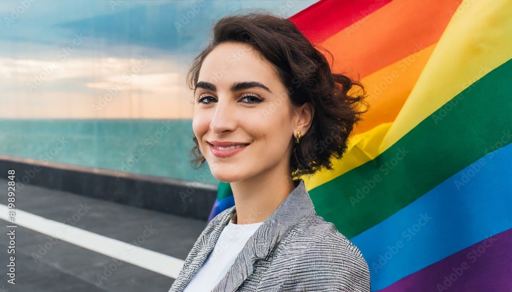 attractive woman close up next to the lgbt flag, queer pride month ...