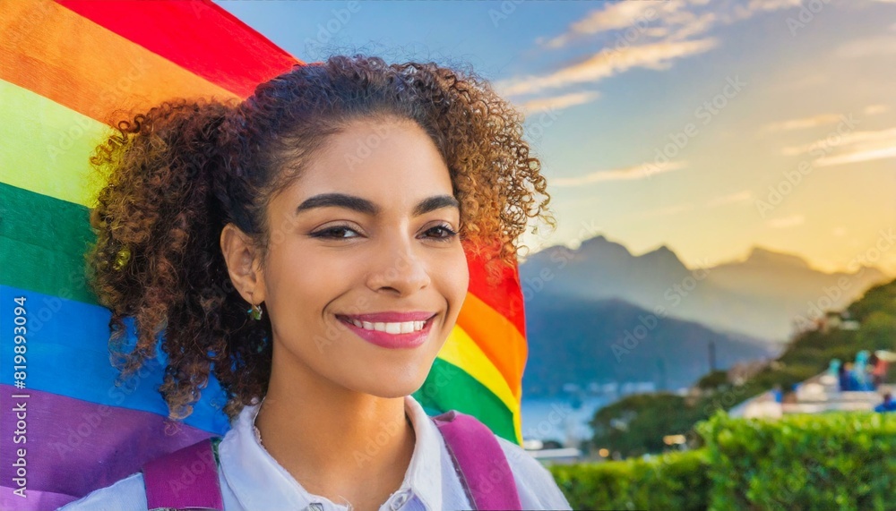 attractive woman close up next to the lgbt flag, queer pride month ...