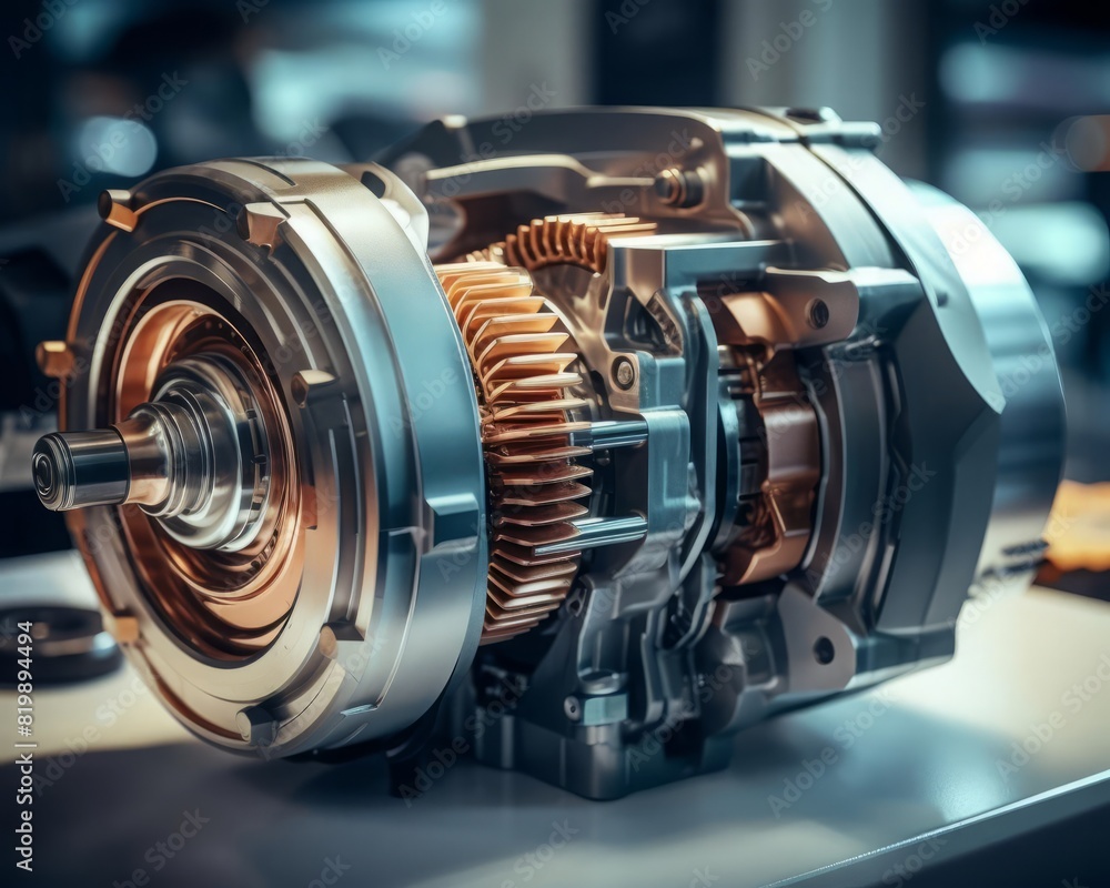 Advanced electric motor, mechanical design, close up, focus on the ...