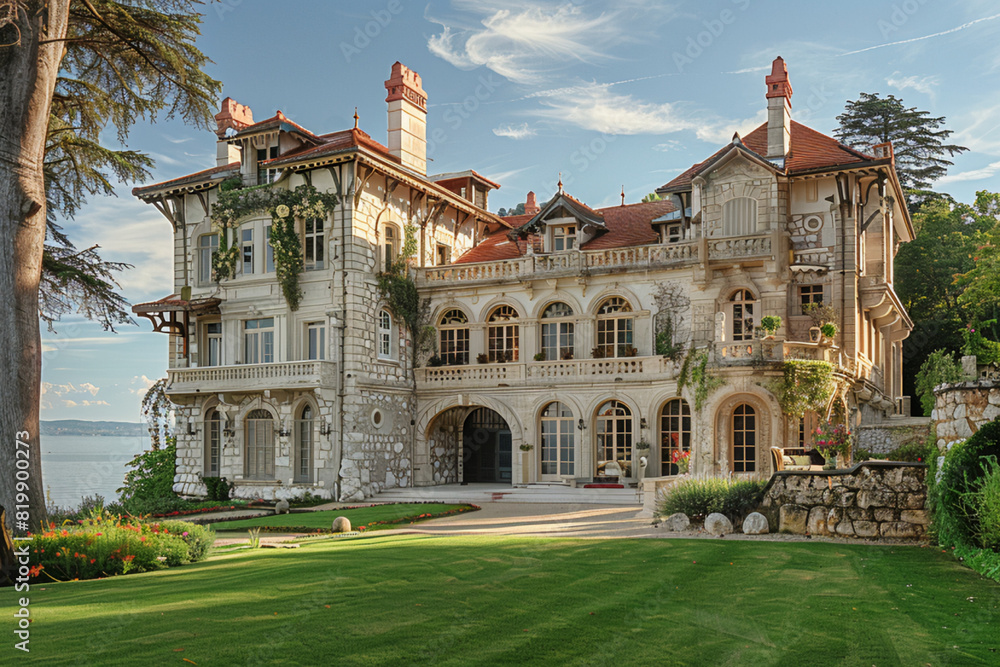 An opulent French chateau with elegant stone facades and tall windows ...