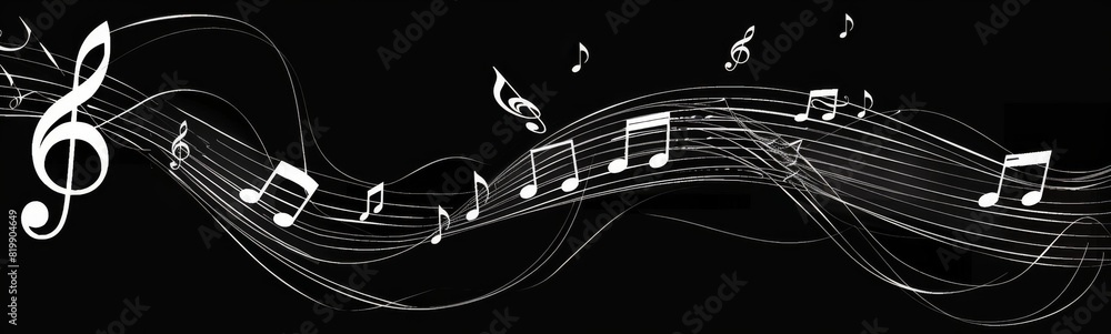 Musical notes are flying around the black background. White line ...