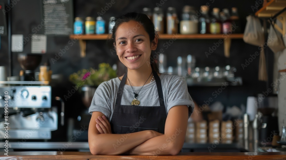 A cheerful barista stands proudly behind the bar, her hands crossed in ...
