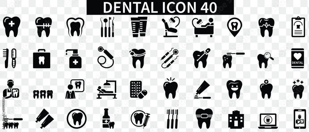 Dental icon set. Containing tooth, dentist, toothpaste, toothbrush ...
