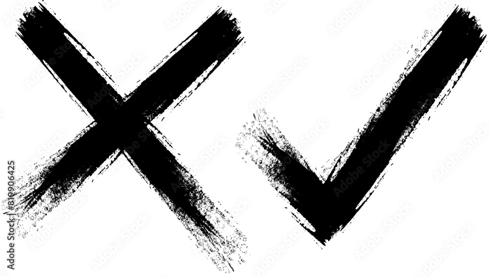Yes, No simbols. Hand drawn vectorized brush texture icons, True or ...