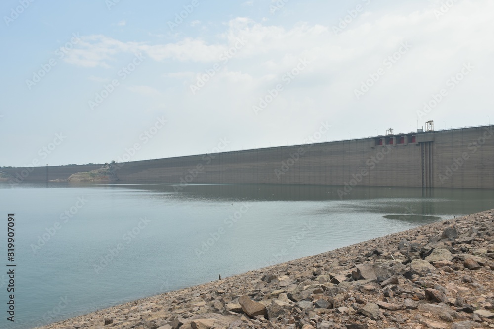 Khun Dan Prakarn Chon huge concrete dam with lower water level from El ...