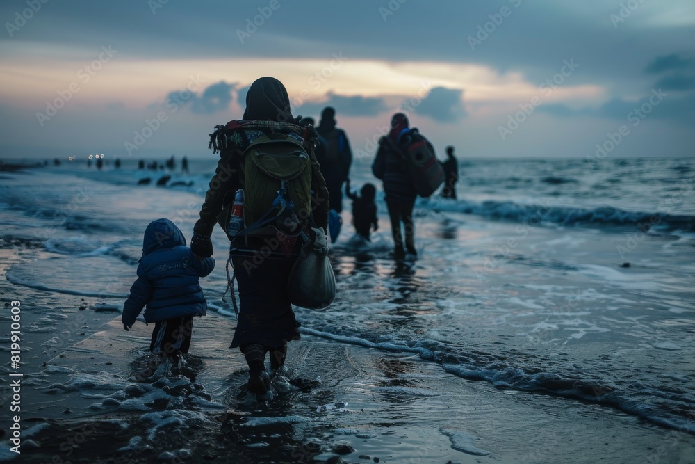 A group of refugees and asylum seekers walking along the sandy beach ...