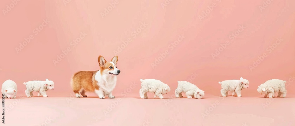 Pembroke Welsh Corgi herding sheep,with Pastel Peach background,free ...