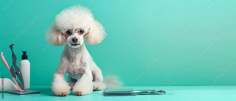 Poodle getting a stylish grooming session,with Pastel Green background ...
