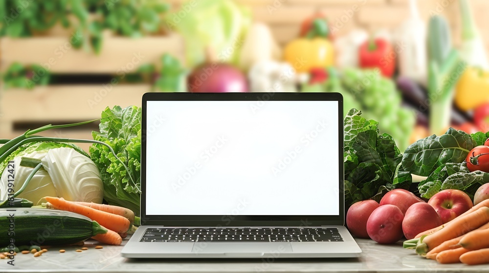 Laptop computer with mockup white screen on vegetarian healthy food ...