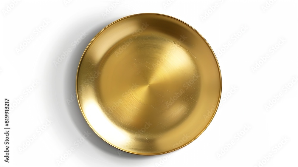 Front view of golden plate isolated on white background Empty gold ...