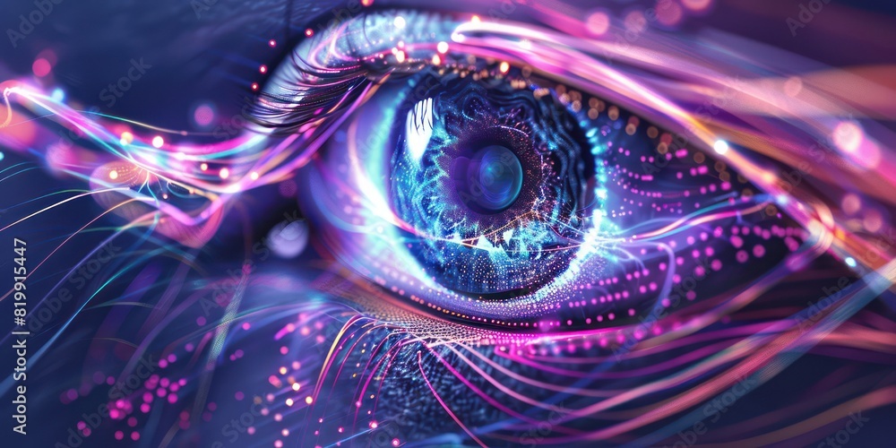 Futuristic digital eye wave lines background with a neon color palette ...