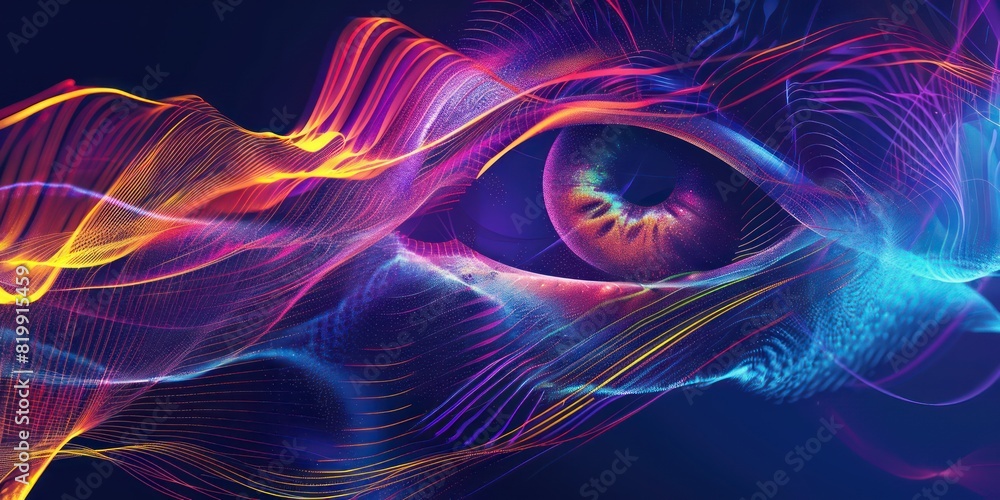 Futuristic digital eye wave lines background with a neon color palette ...
