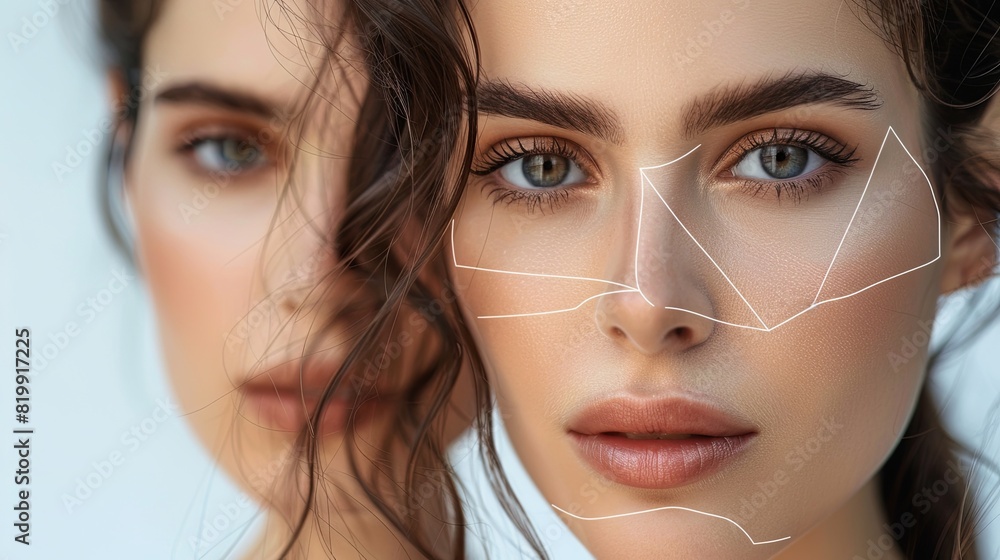 A womans face with drawn lines indicating possible cosmetic ...