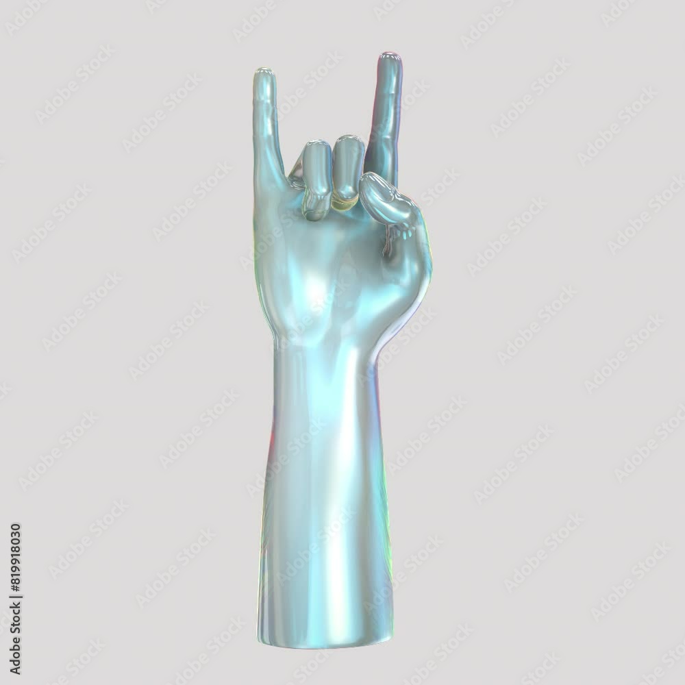 3d holographic chrome textured rock hand animation rotating on ...
