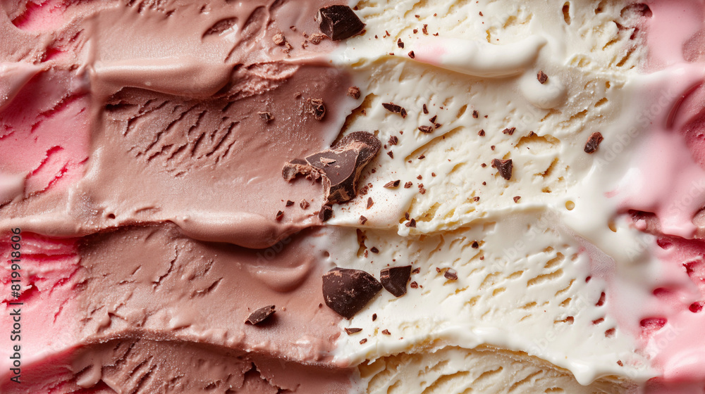 top view of neapolitan ice cream surface, a closeup of the neapolitan ...