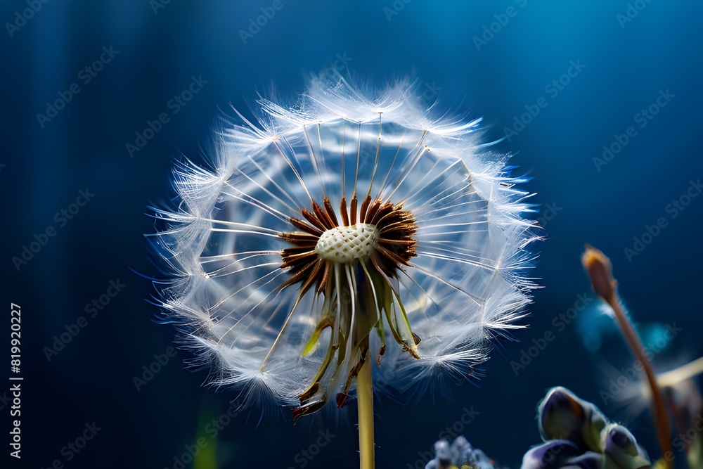 Seeds of dandelion on a blue backdrop A close-up of a single dandelion ...