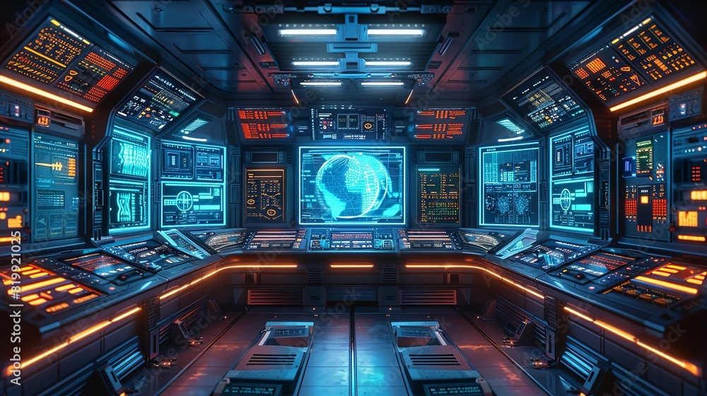 Sci-fi technology background image, Advanced control room with a ...
