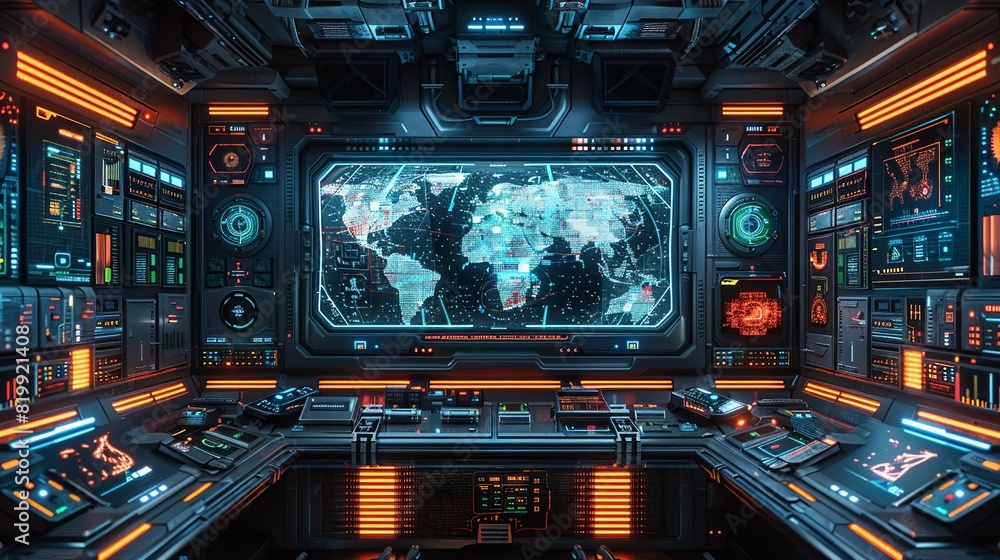 Sci-fi technology background image, Control room with an array of ...