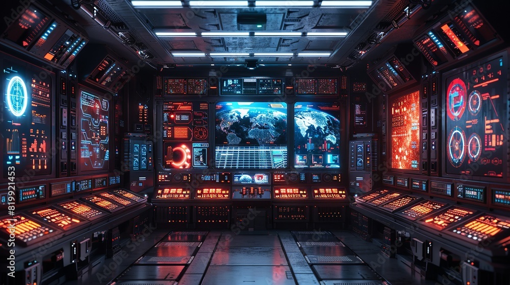 Sci-fi technology background image, Control room with an array of ...