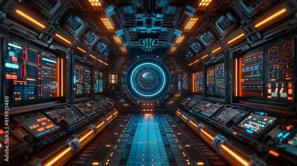Sci-fi technology background image, Control room with an array of ...