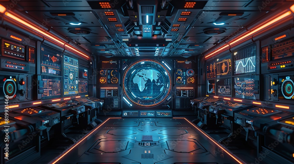Sci-fi technology background image, Control room with an array of ...