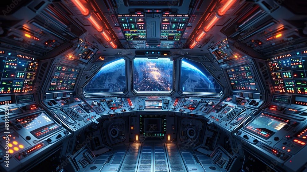 Sci-fi technology background image, Spacecraft bridge with control ...