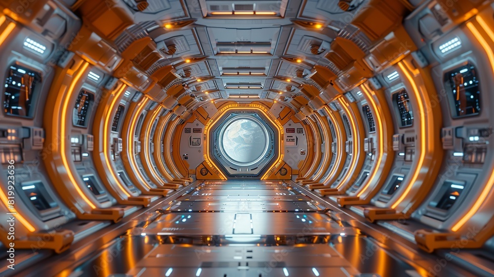 Sci-fi technology background image, Spacecraft engine room with complex ...