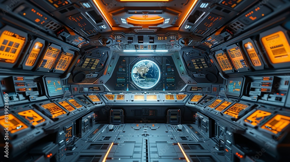 Sci-fi technology background image, Spacecraft engine room with complex ...