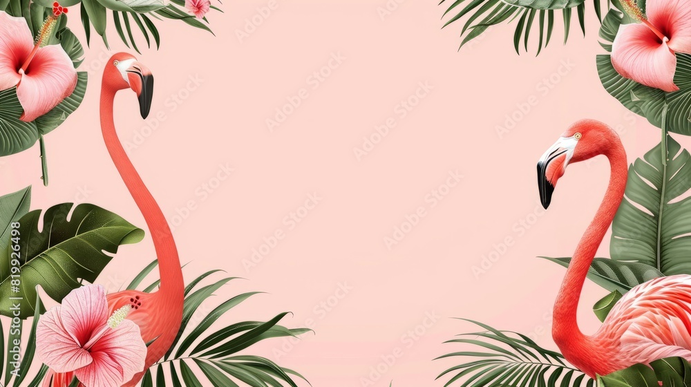 Flamingo-themed tropical background with pink flamingos, hibiscus ...