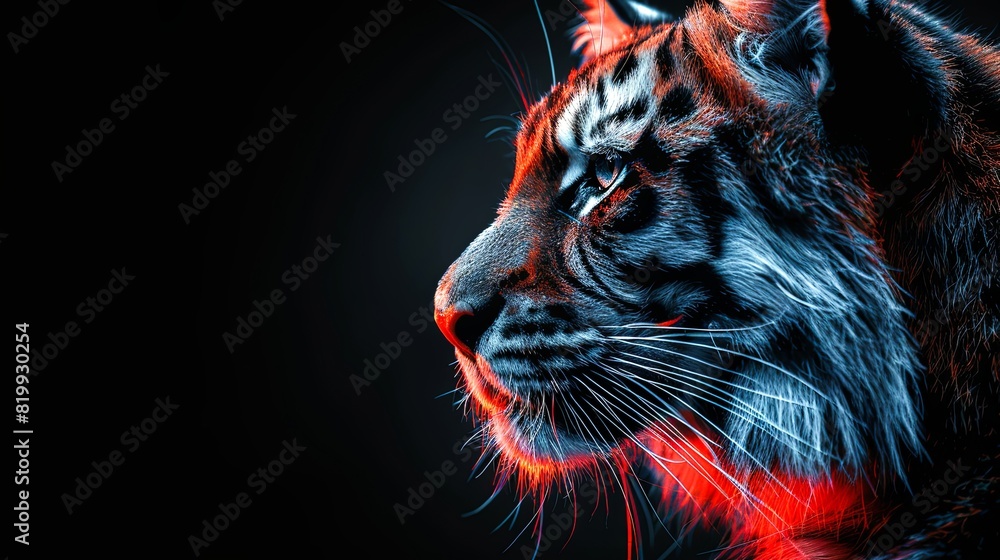 Side profile of a fierce tiger with neon red and blue lighting ...