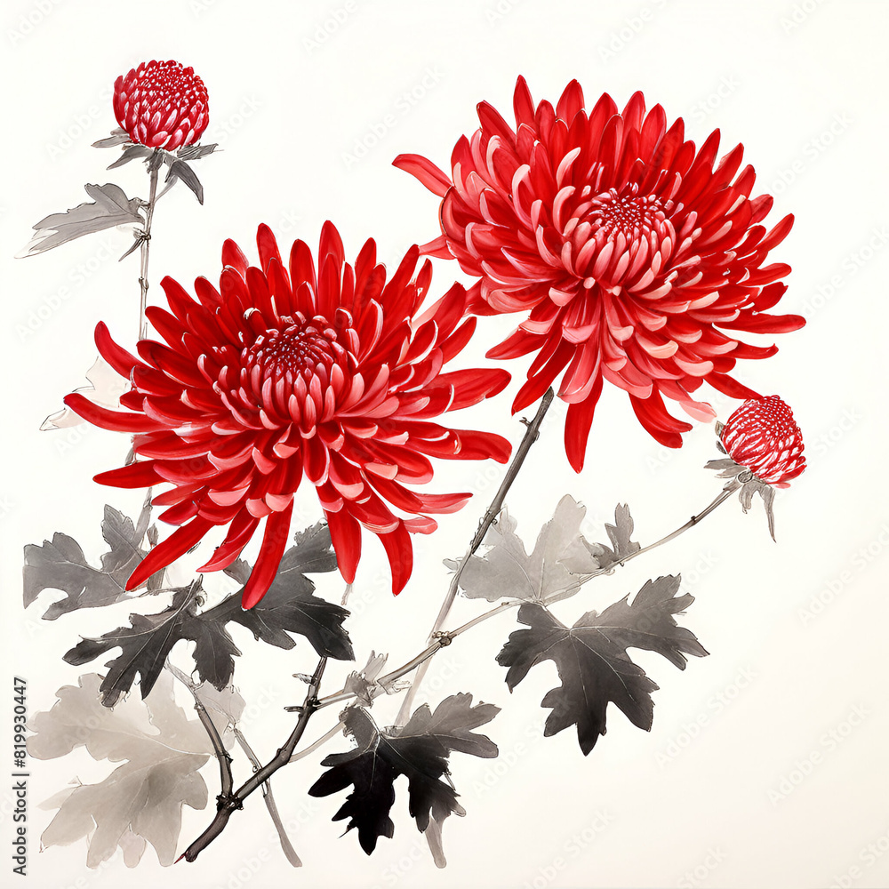 two red chrysanthemums japanese style original sumi e ink painting ...